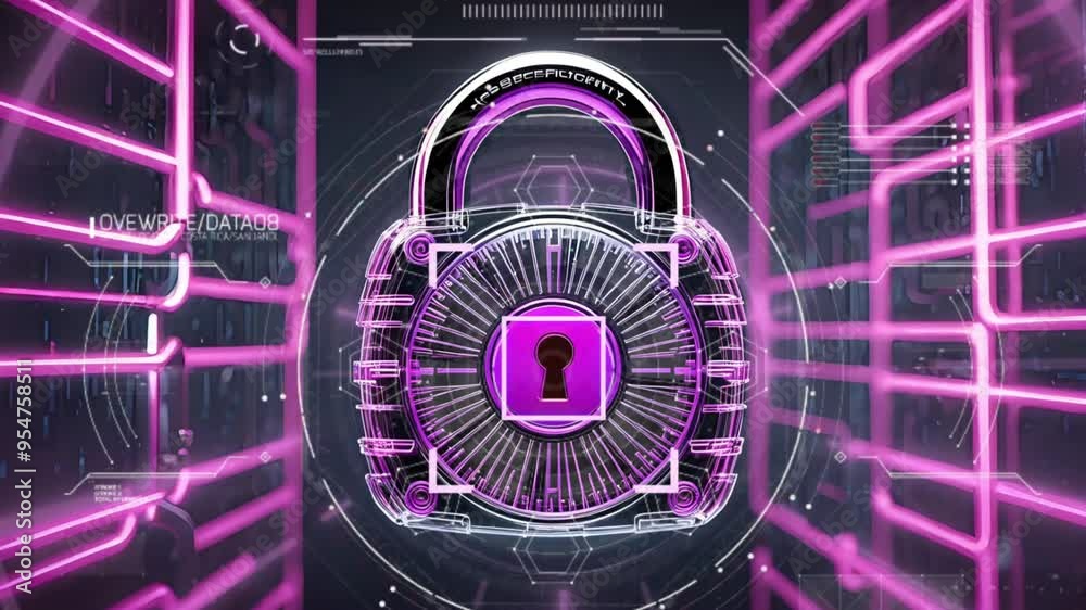 High-tech padlock with neon keyhole and circuitry in a digital grid ...