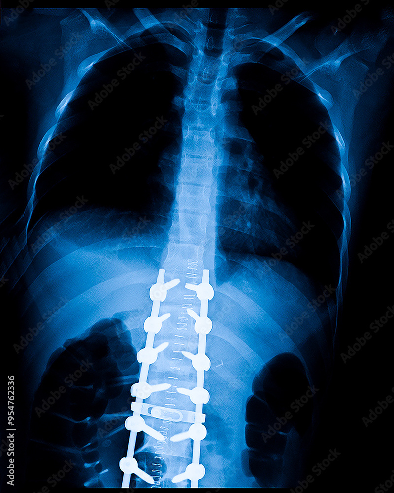 X ray of the human spine fracture. Lumbar spine radiograph using steel ...