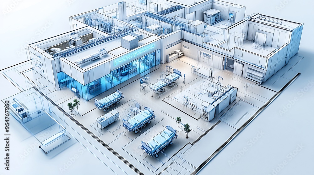 Futuristic hospital blueprint private patient rooms advanced medical ...