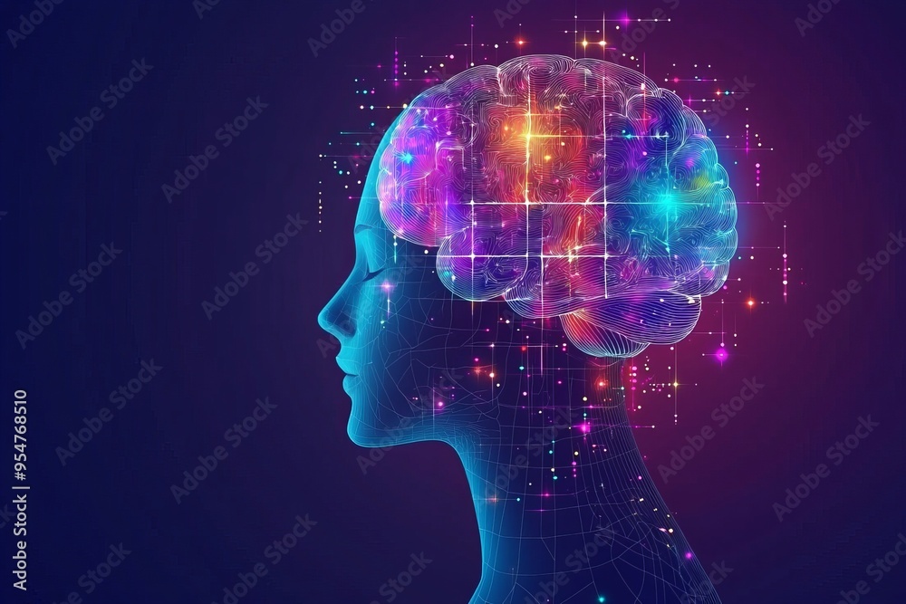 Synaptic transmission Brain stimulation Digital brain surrounded by ...