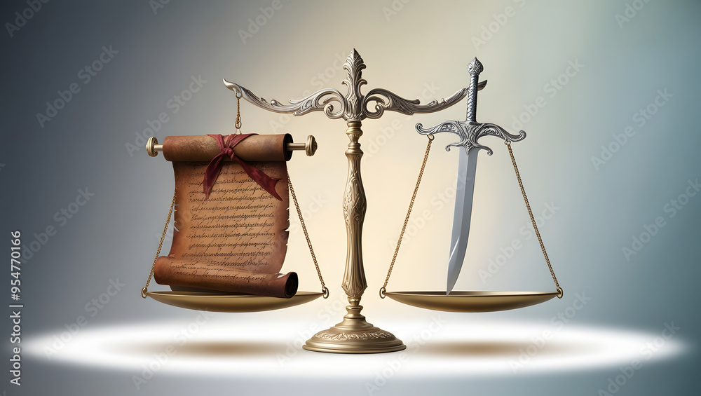 Balance of Law: Suspended Scales with Scroll and Sword Symbolizing ...