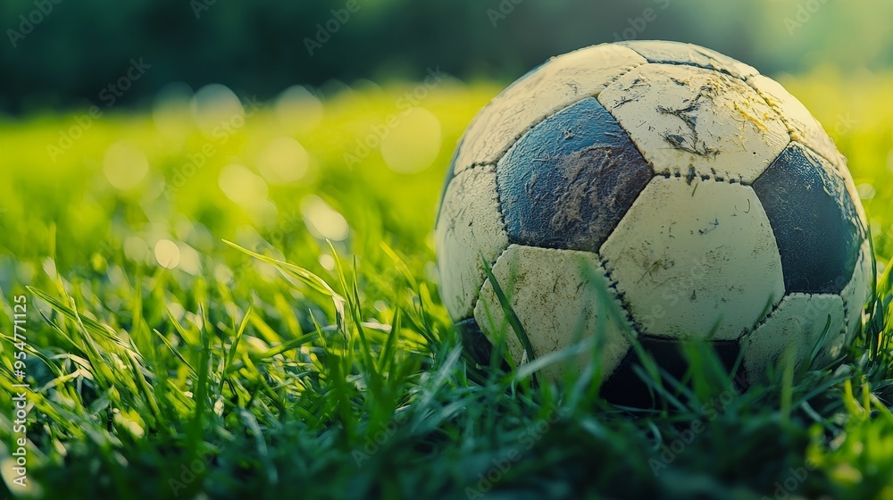 Design a close-up of a football lying on the field, with blades of ...