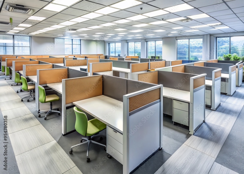 Rows of cubicles fill the office, each workstation separated from the ...
