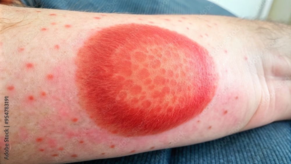 A photo image of a bright red circular rash with a central clearing ...