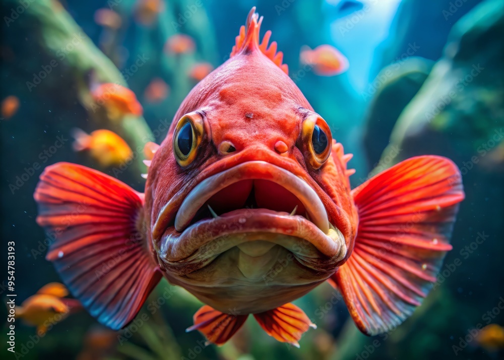 A crimson fish fills the frame, its jaws agape, revealing rows of razor ...