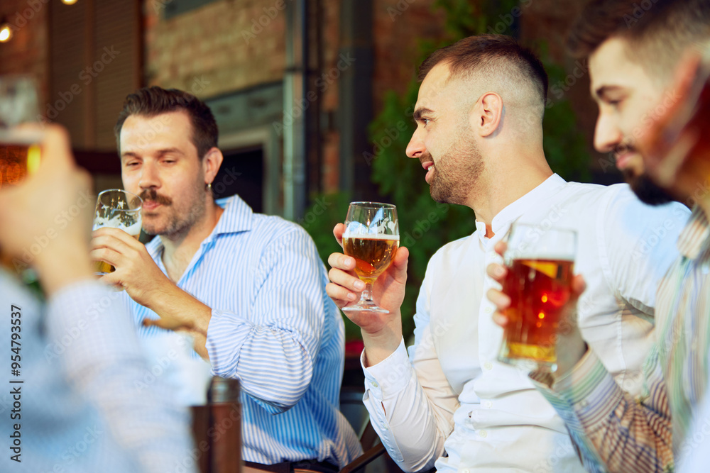 Productive meeting, businessmen in formal wear gathering at outdoor bar ...