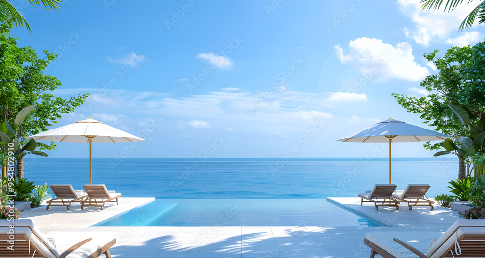 Umbrella With Bed Pool Around Swimming Pool With Ocean Sea Background ...