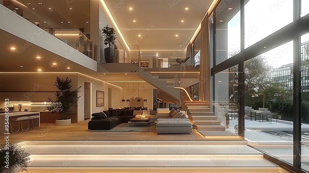 Luxurious modern house interior, white and wood color scheme, tall ...