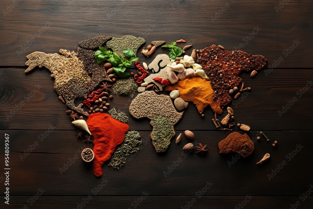World Map of Spices: A creative flat lay of various spices arranged on ...