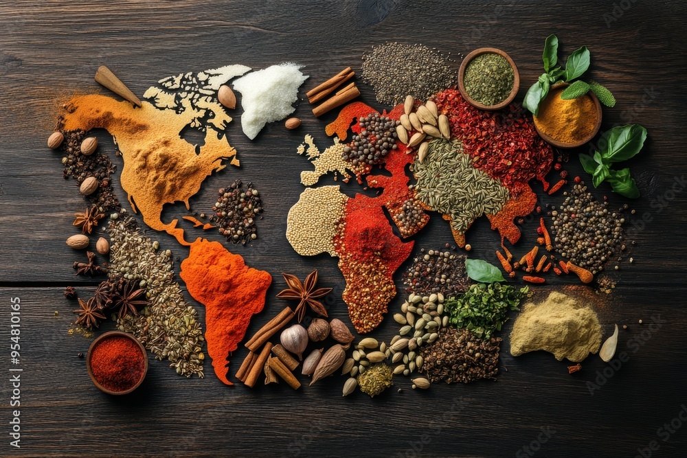 World Map of Spices: A creative flat lay of various spices arranged on ...