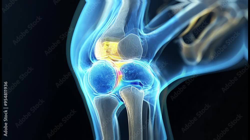 Detailed medical illustration of human knee joint anatomy, showing ...