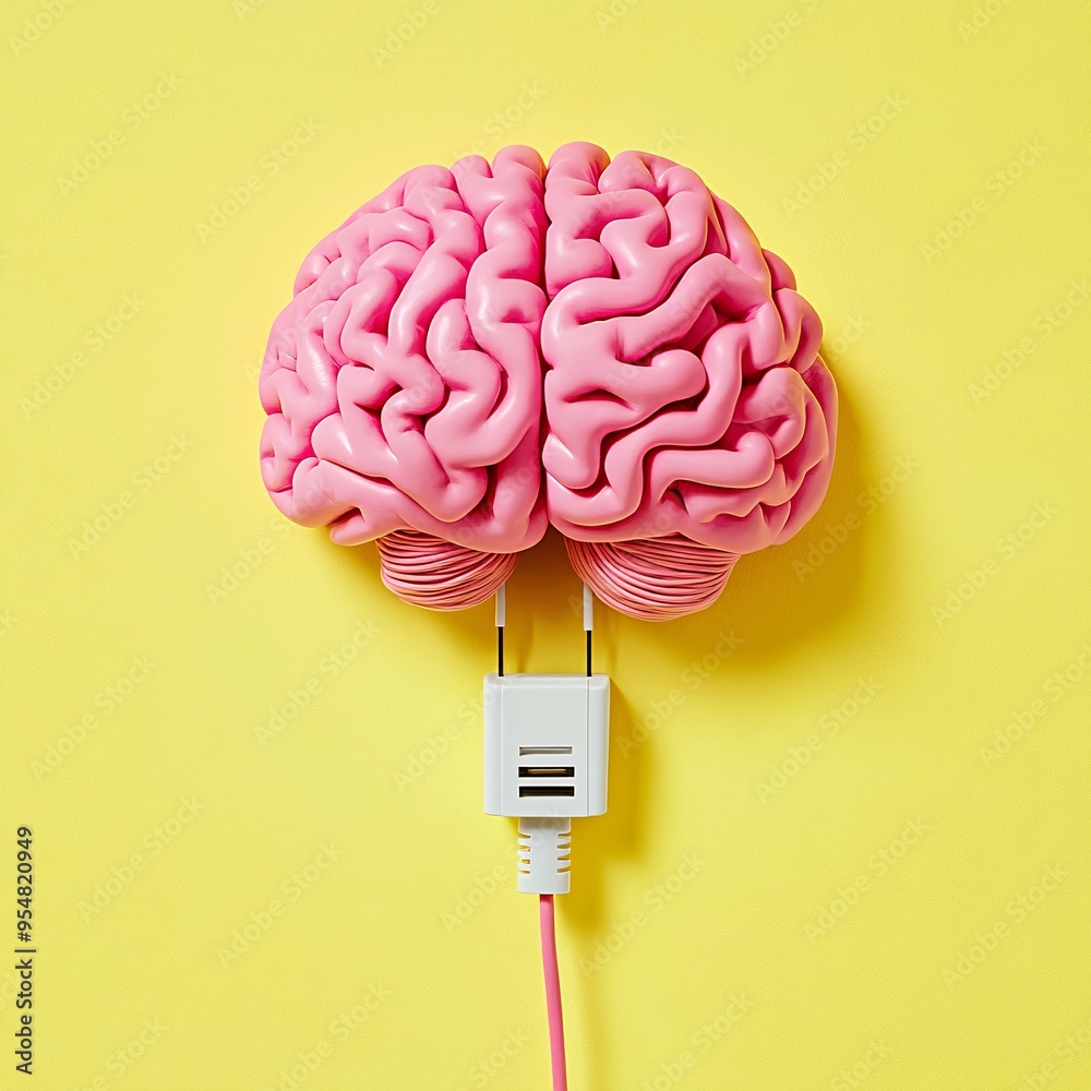 Pink brain plugged into a power outlet on yellow background, creative ...