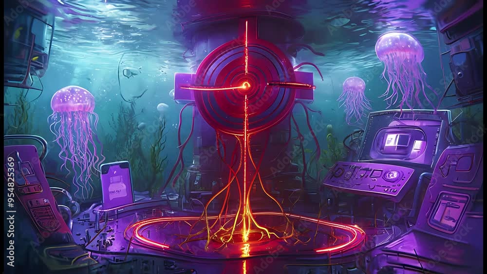 Surreal Futuristic Underwater Scene with a Glowing Red Disc Emitting an ...