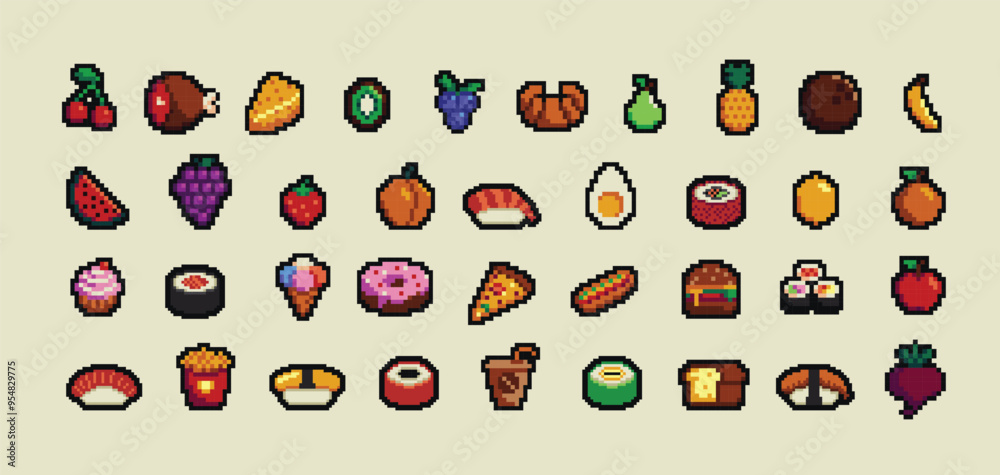 Food pixel art 80s style icons element design stickers, logo, mobile ...