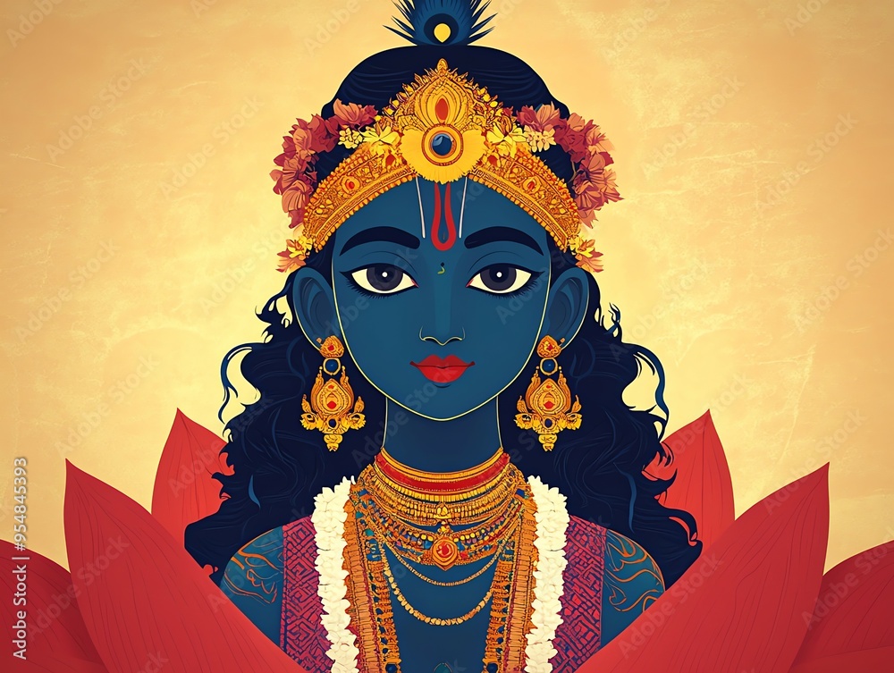Krishna meditating in a serene and peaceful pose, illustrated in a flat ...