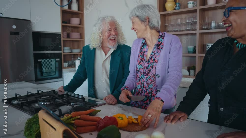 Cinematic footage of a group of seniors eating in a beautiful house ...
