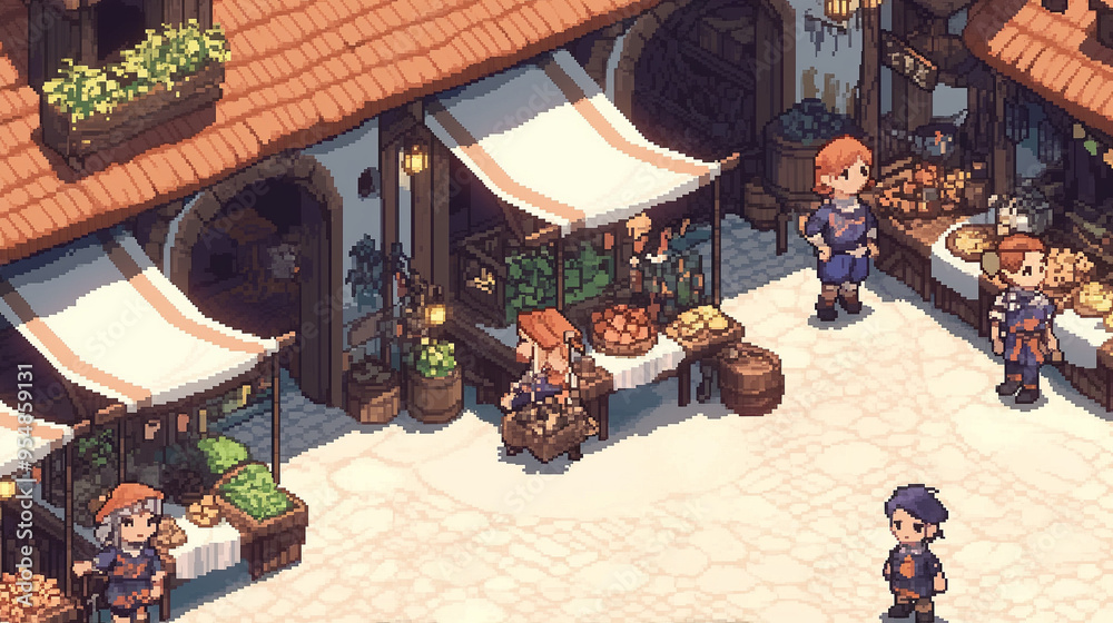 pixel art depiction of a bustling medieval market in a town. Feature ...