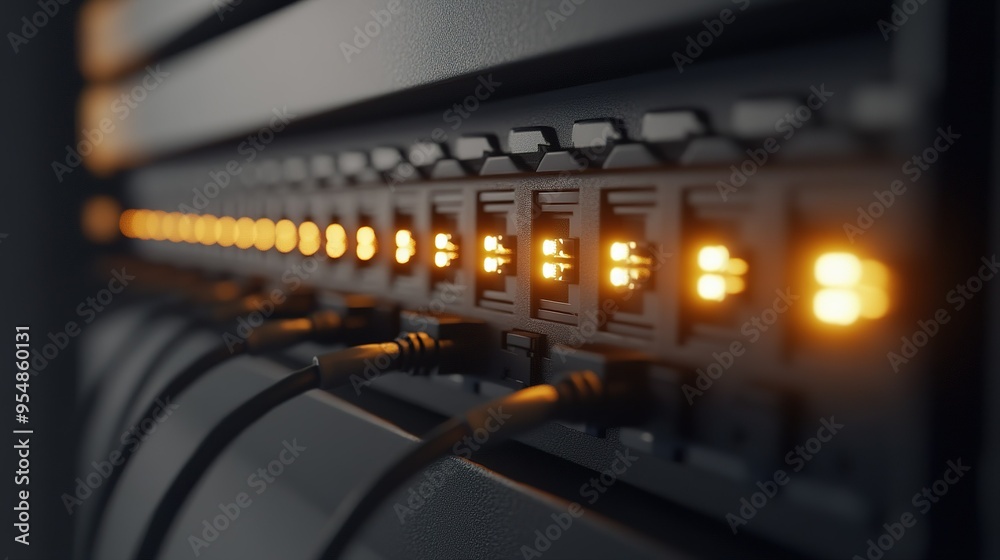 Detailed view of network switches with illuminated lights in a server ...