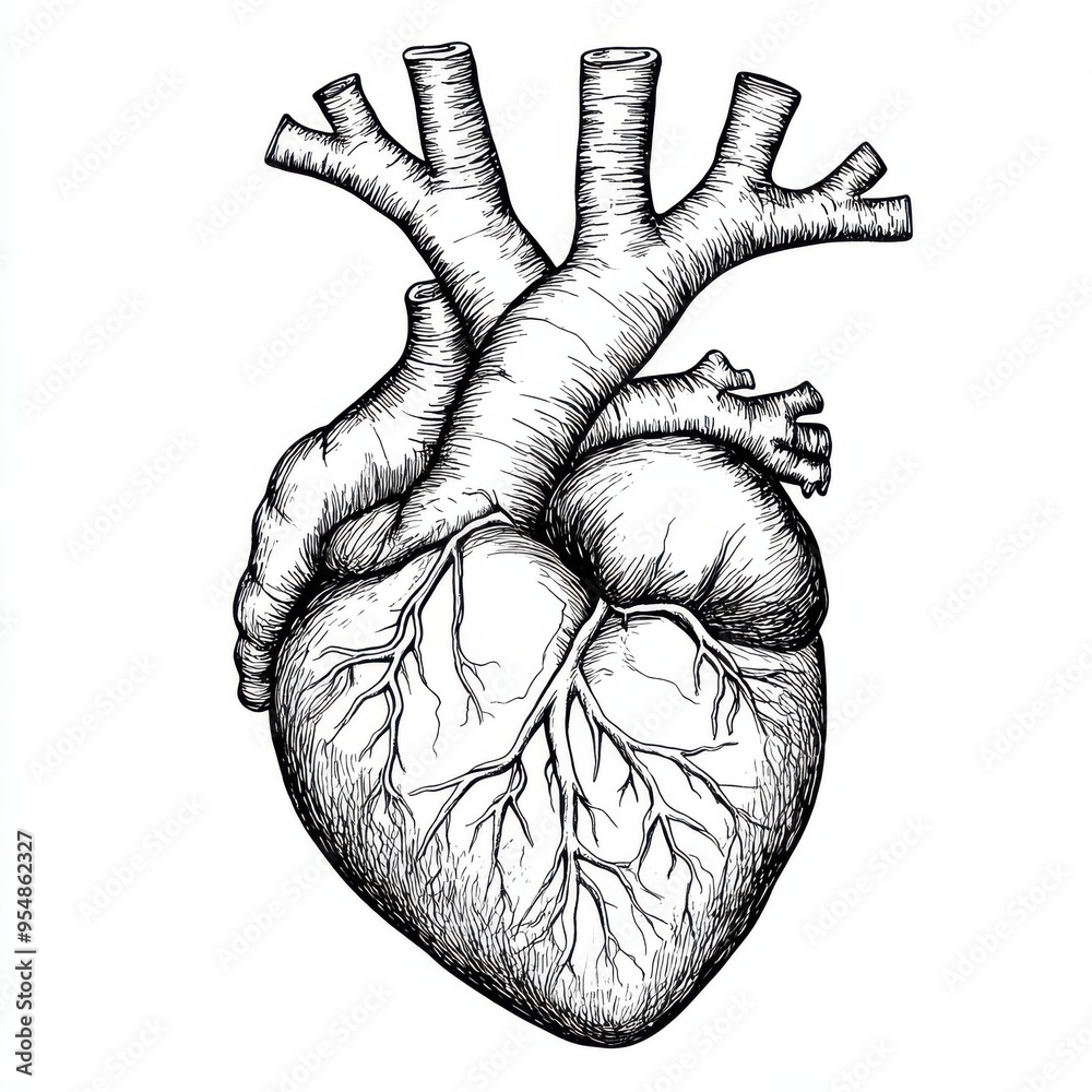 Detailed Black and White Outline of a Human Heart with Anatomical ...