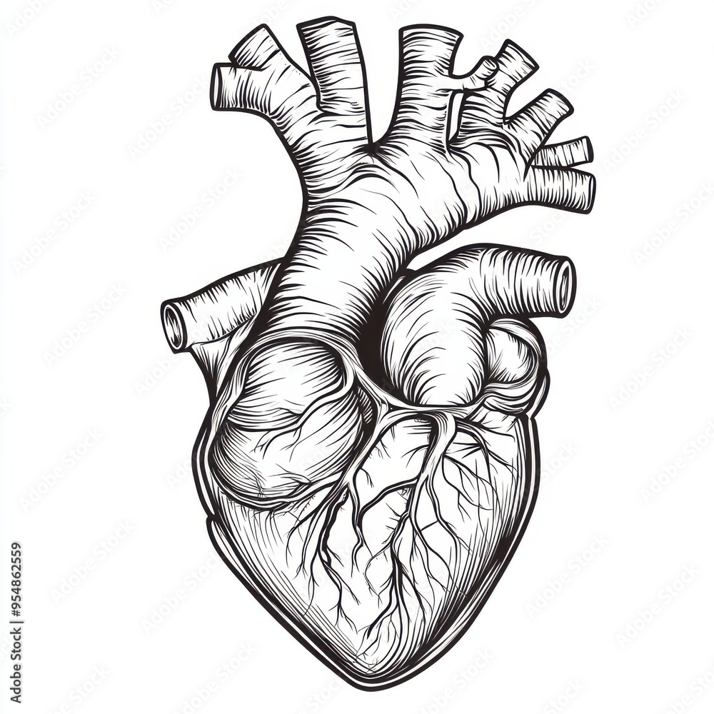 ภาพประกอบสต็อก Detailed Black and White Outline of a Human Heart with ...
