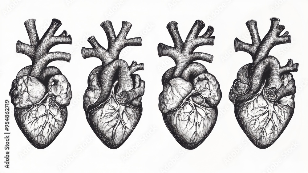 Detailed Black and White Outline of a Human Heart with Anatomical ...