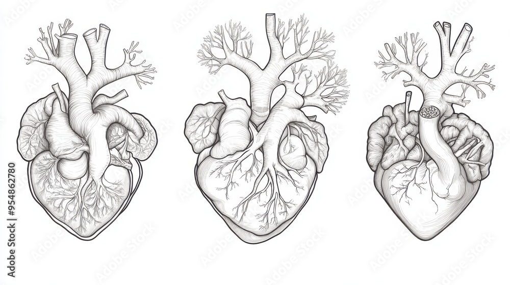 Detailed Black and White Outline of a Human Heart with Anatomical ...