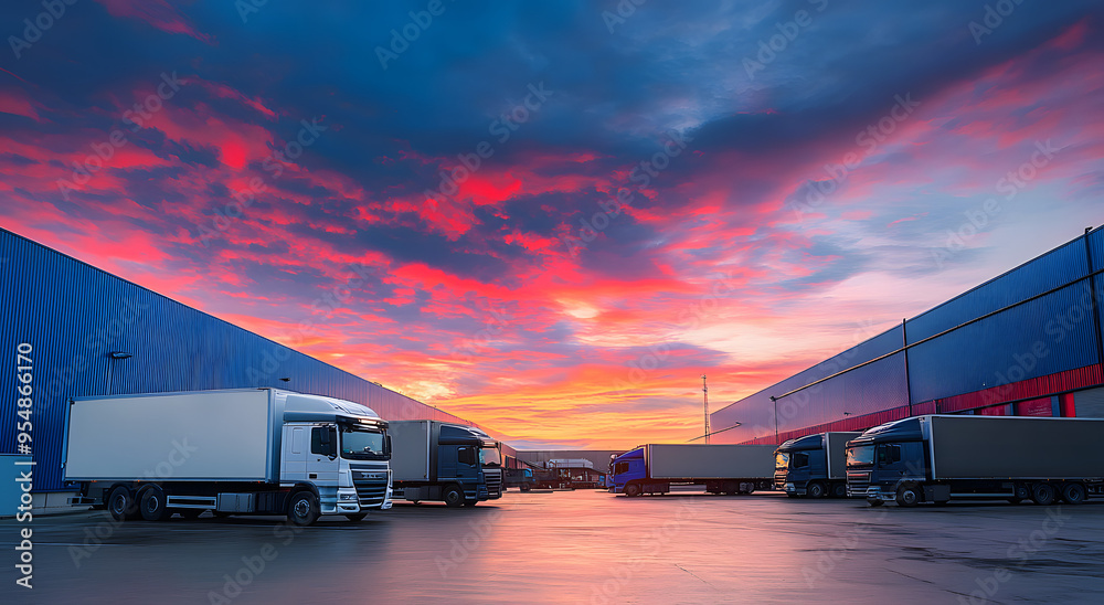 “Multiple Trucks Parked in Front of an Industrial Warehouse, Depicting ...