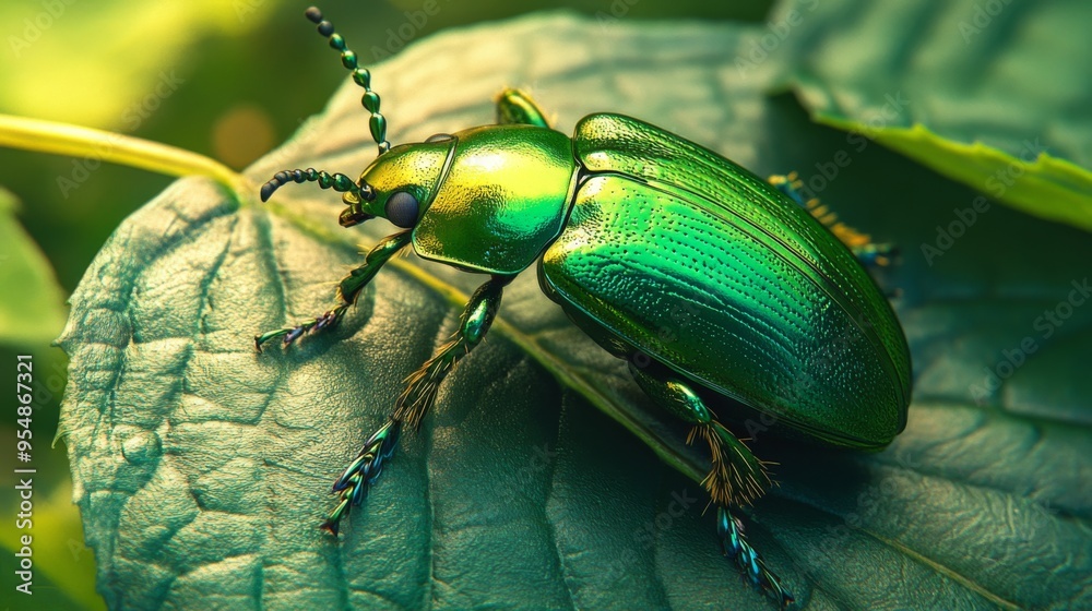 A bright green beetle resting on a large leaf, with its shiny ...