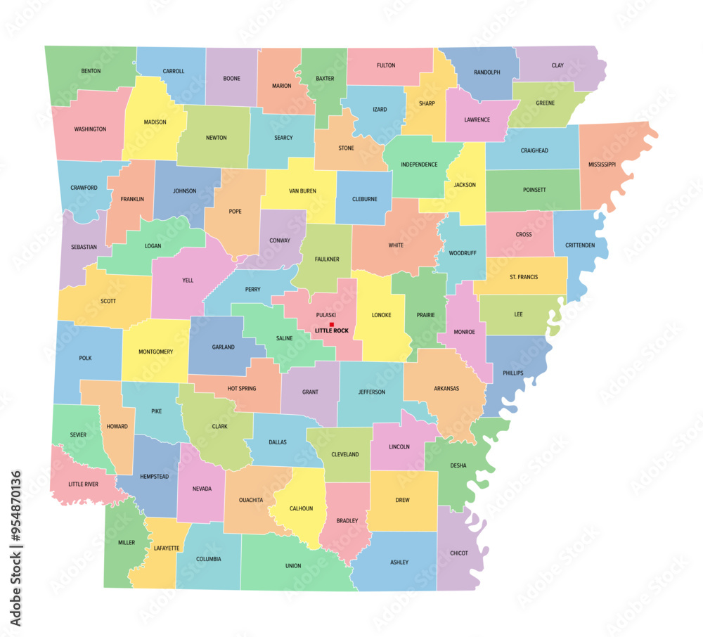Arkansas, U.S. state, subdivided into 75 counties, multi colored ...