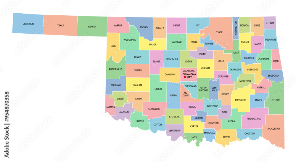 Oklahoma, U.S. state, subdivided into 77 counties, multi colored ...