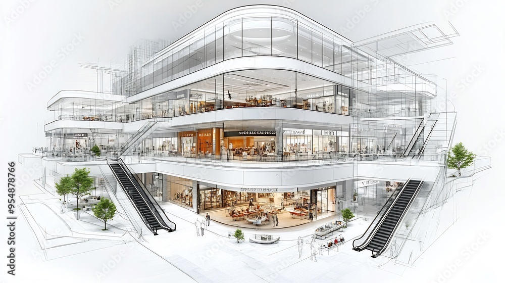 Multistory shopping mall blueprint atriums escalators retail spaces ...