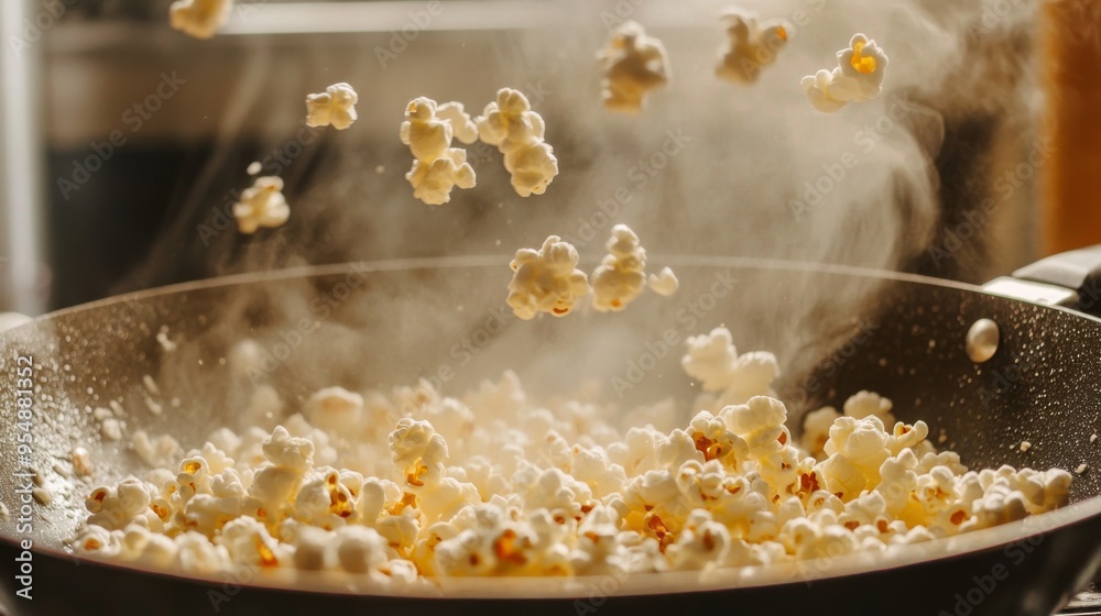 A close-up of popcorn kernels popping in a pan, with a few kernels ...