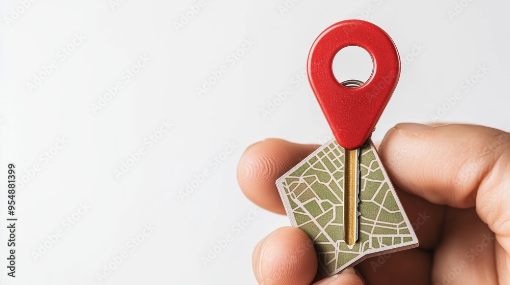 Holding a red map pin and key on a green map, symbolizing location and ...