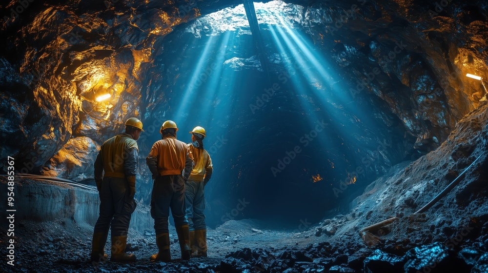 Miners in Illuminated Copper Mine Cavern. Three miners standing in a ...