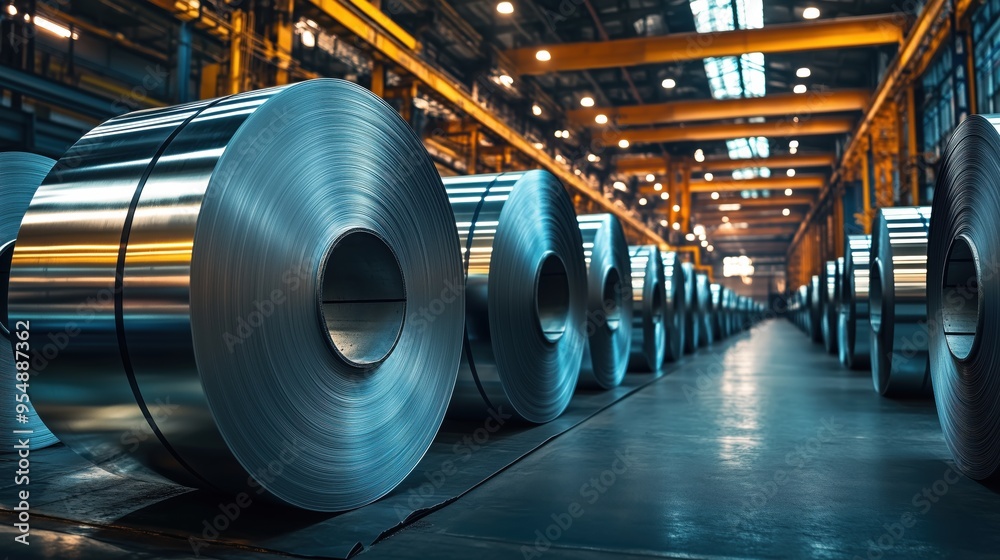 Long Rows of Steel Coils in Factory Aisle. Rows of steel coils line a ...