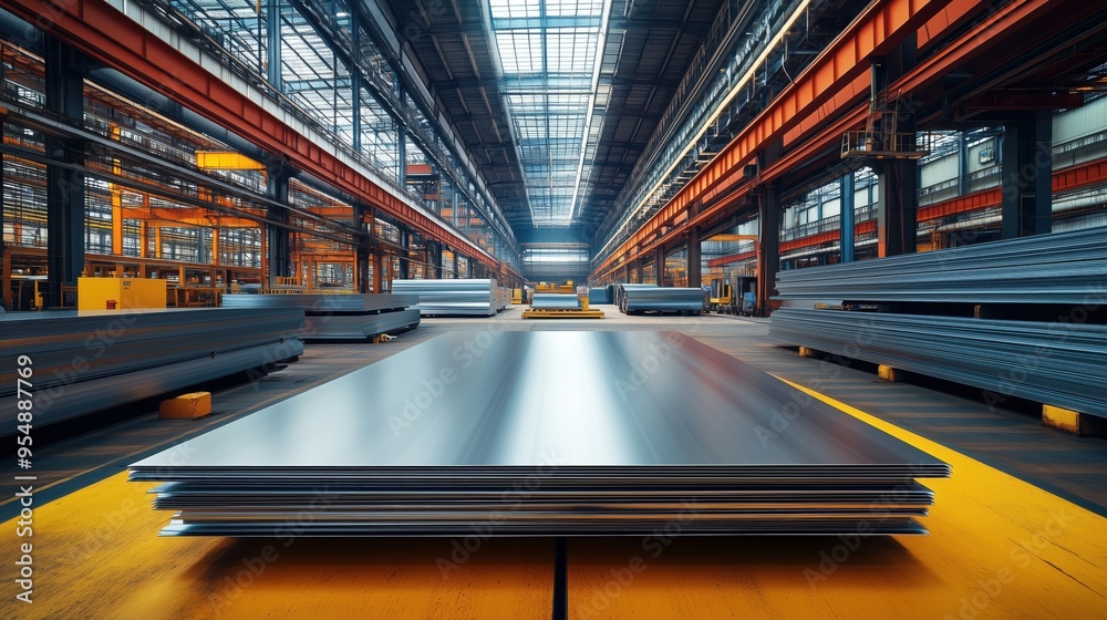 Metal Sheets Stacked in Industrial Warehouse. Neatly stacked metal ...