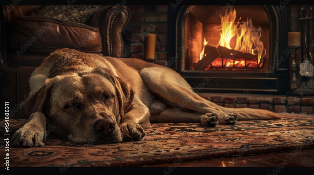 Envision a cozy living room where a Labrador Retriever is lying on a ...
