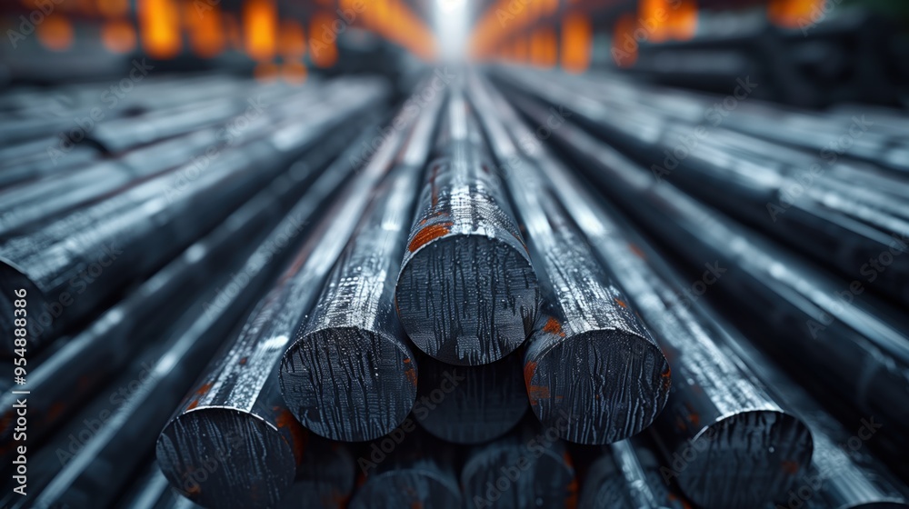 Stacked Round Steel Bars in Manufacturing Plant. Close-up of round ...