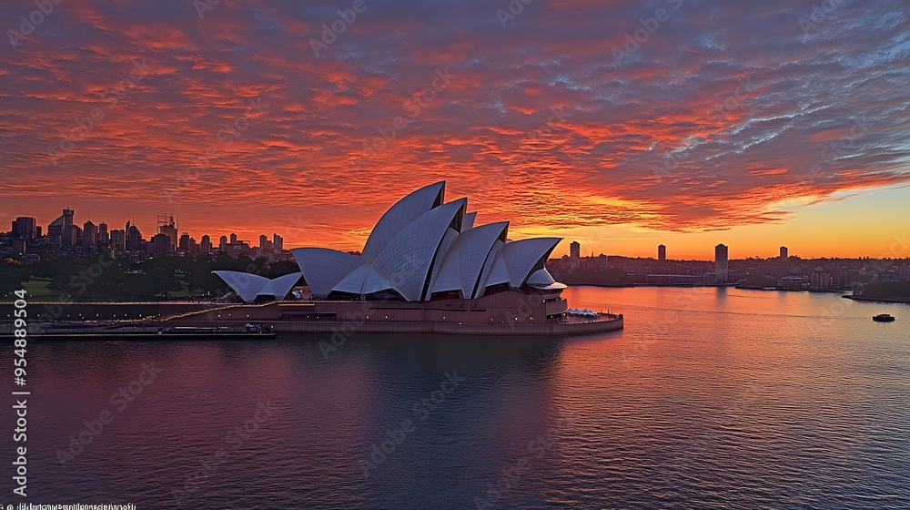 154. **Depict the Sydney Opera House with a dramatic sunset sky and ...