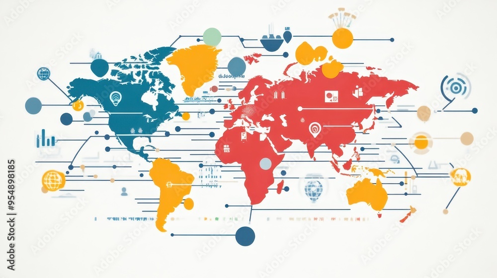 Colorful World Map with Connectivity Icons and Symbols Stock ...