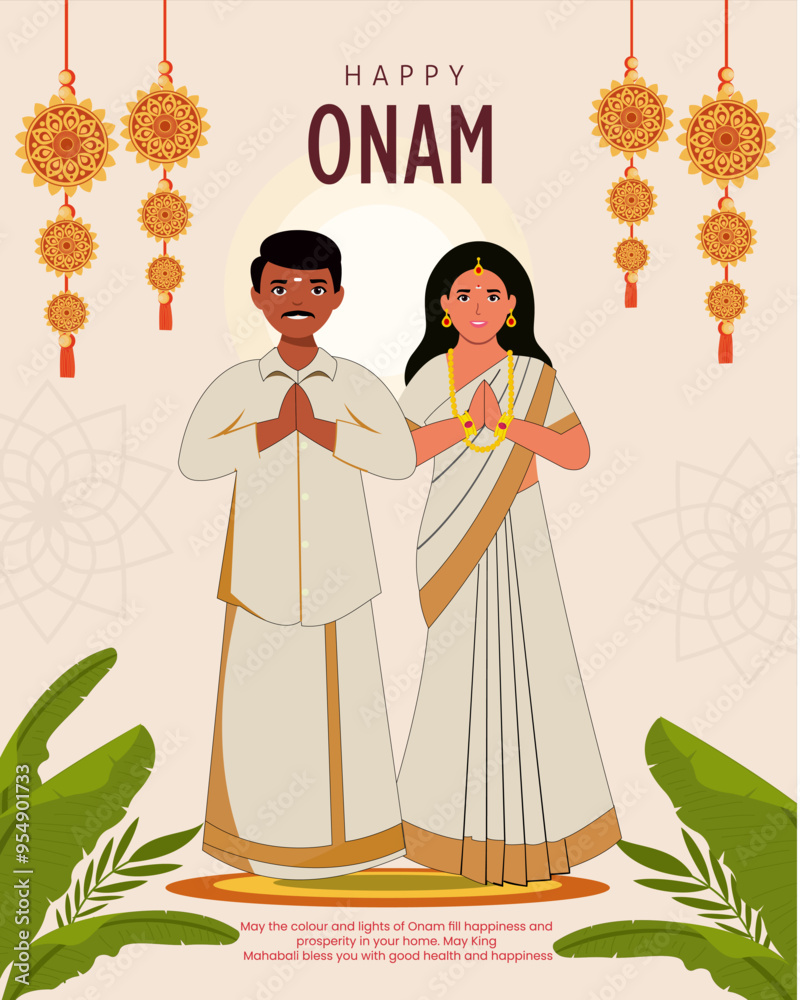 happy onam south indian couple celebrating onam festival handing ...