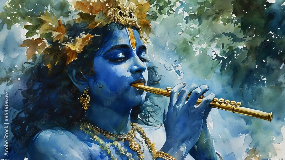 Krishna playing the flute in an artistic depiction, capturing divine ...