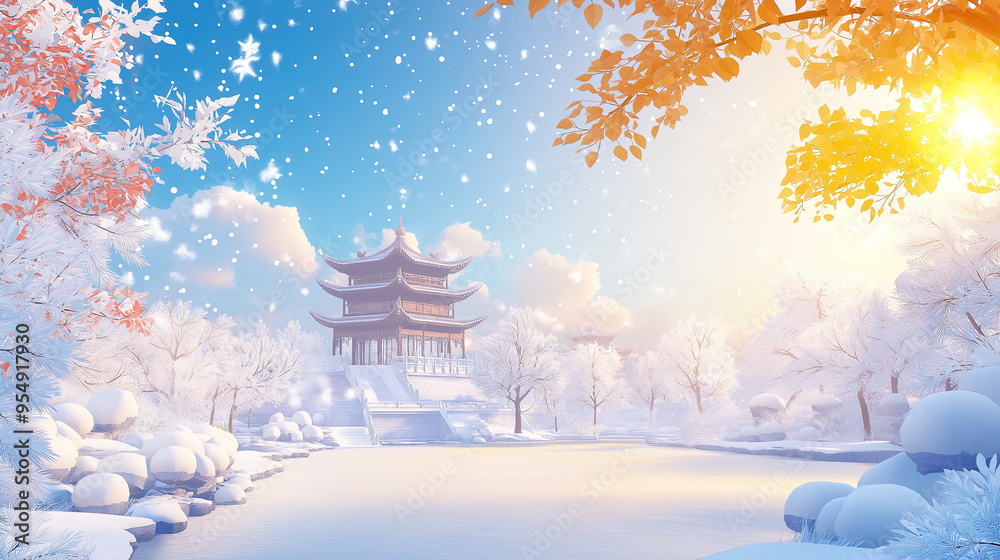 Chinese traditional landscape with ancient pavilions, panoramic ...