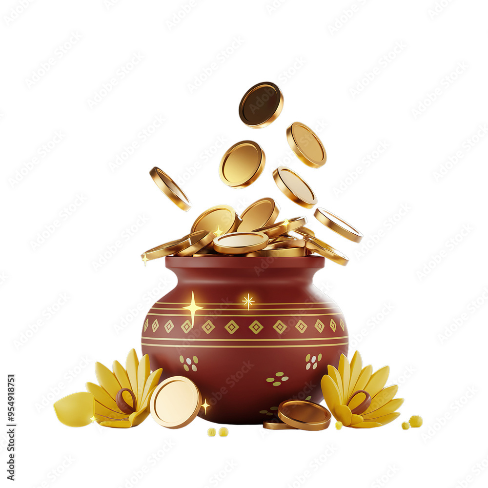 Pot with gold coins, isolated background for Dhanteras and Akshaya ...