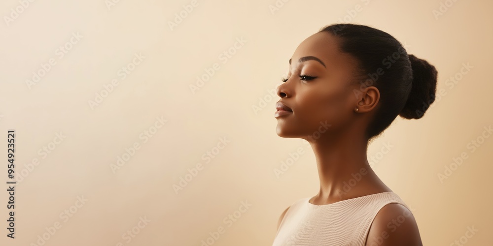 Black woman in profile with eyes closed, wearing a soft beige top ...