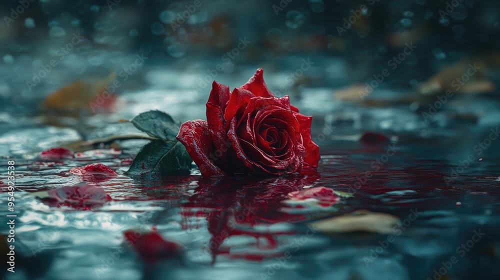 A poignant tableau of a red rose in a blood pool, capturing the essence ...