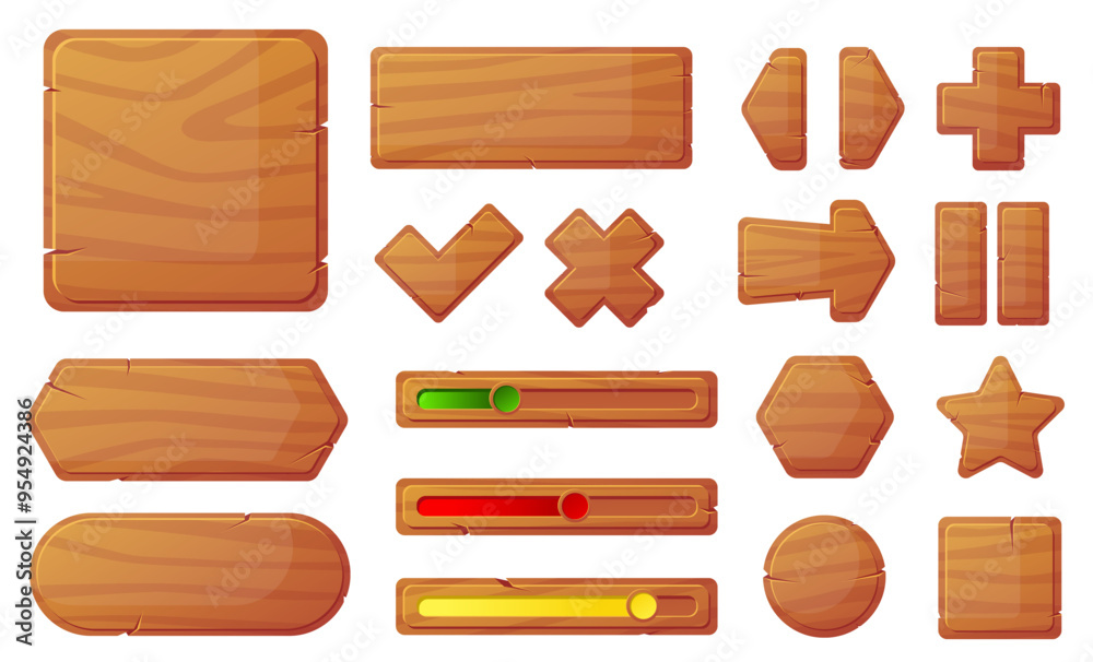 Wooden game buttons. UI design. Playing panels. Interface indicators and sliders. Natural ...