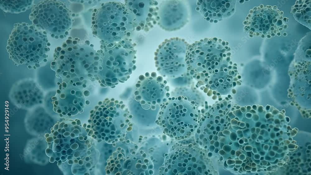 Highly detailed close-up video of golden Staphylococcus aureus bacteria ...