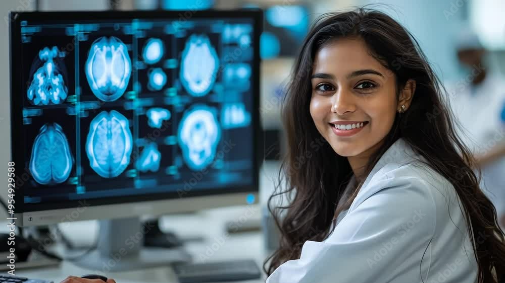 Smiling female doctor in white coat reviewing brain MRI scans on ...
