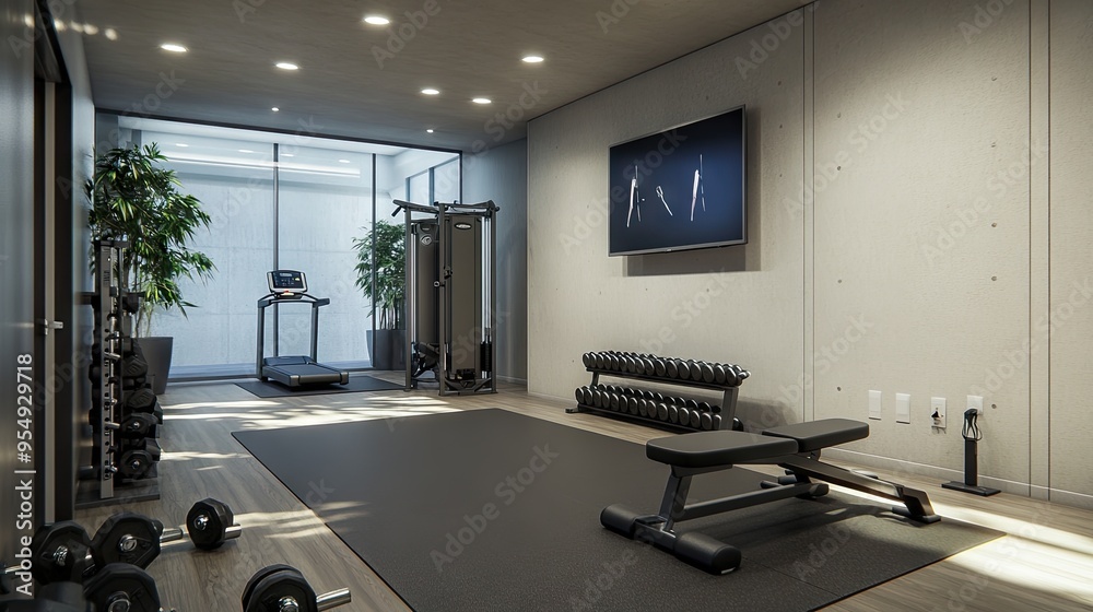 A simple, clean home gym with rubber flooring, a weight bench, and ...